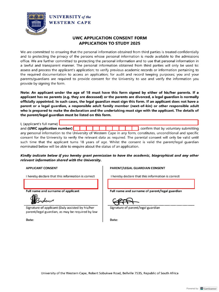 UWC Application Consent Form 2025 Edited | PDF