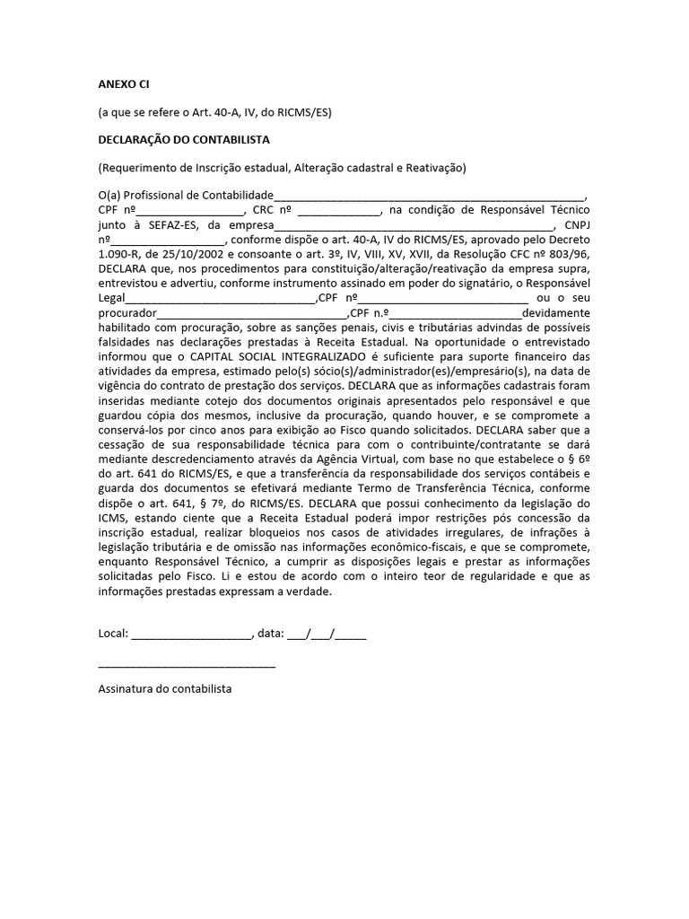 Declaração do Contabilista para Inscrição Estadual | PDF ...