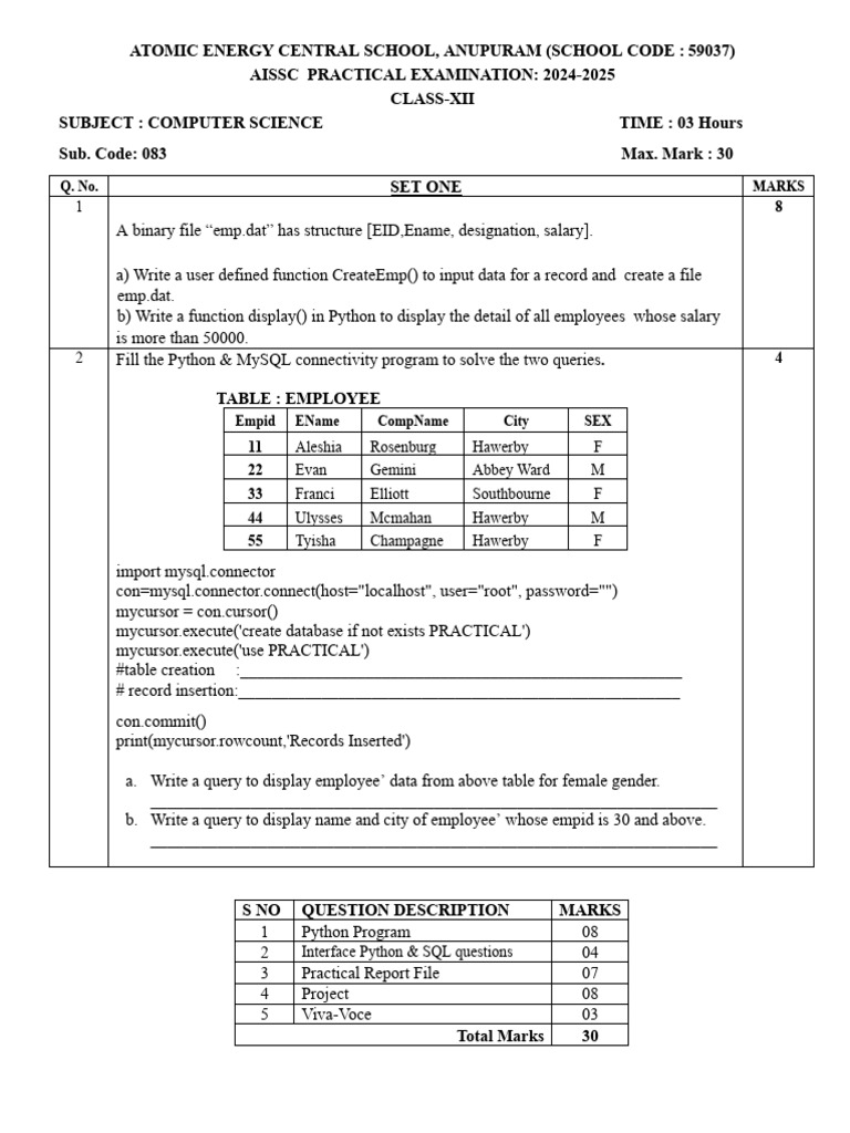 AECS Anupuram Class XII CS Exam 2024-25 | PDF | My Sql | Databases