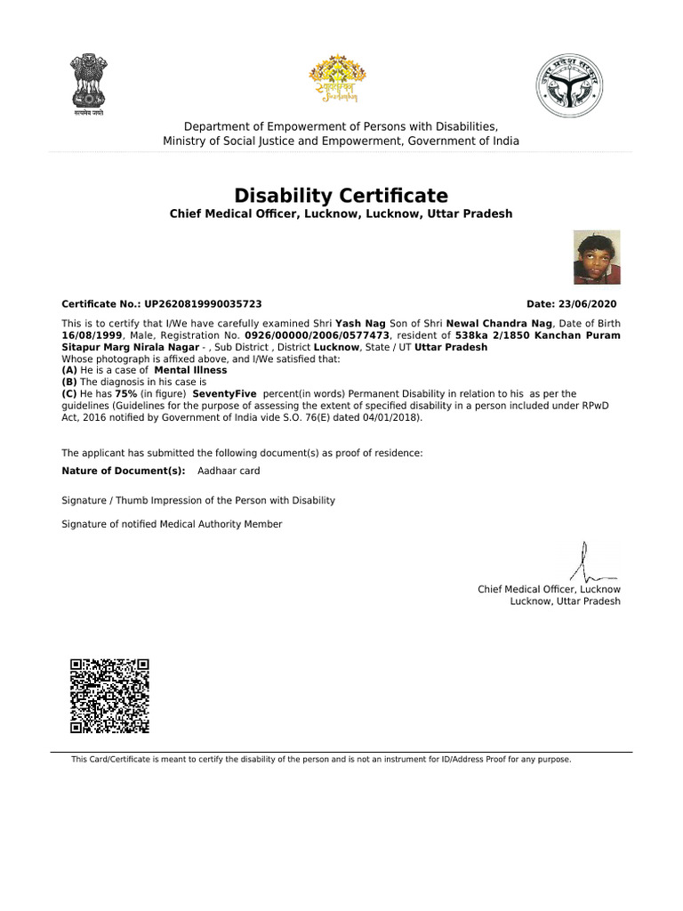 Yash Disability Certificate | PDF