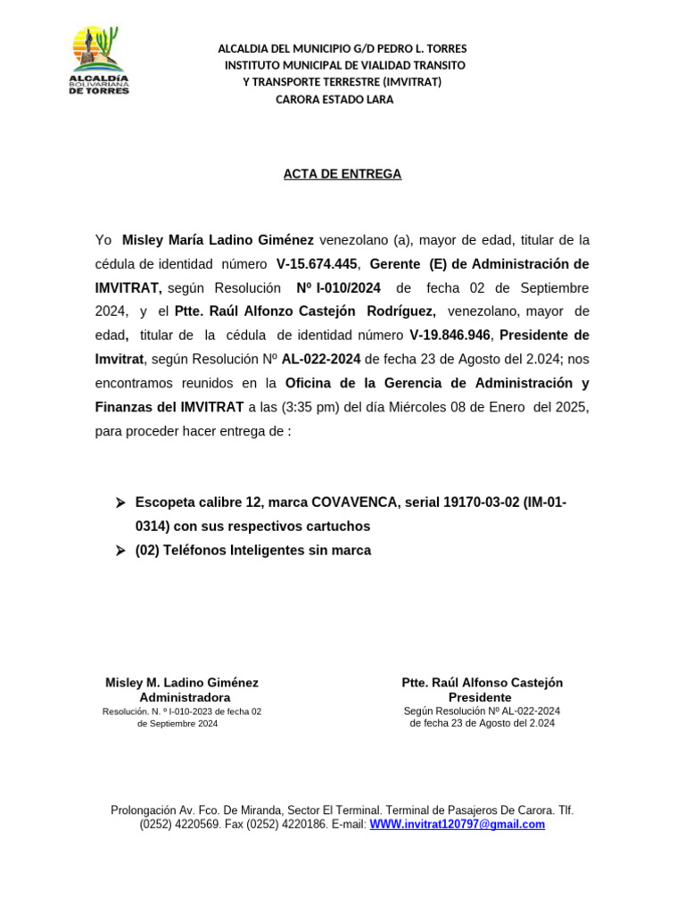 Acta de Entrega Misley | PDF