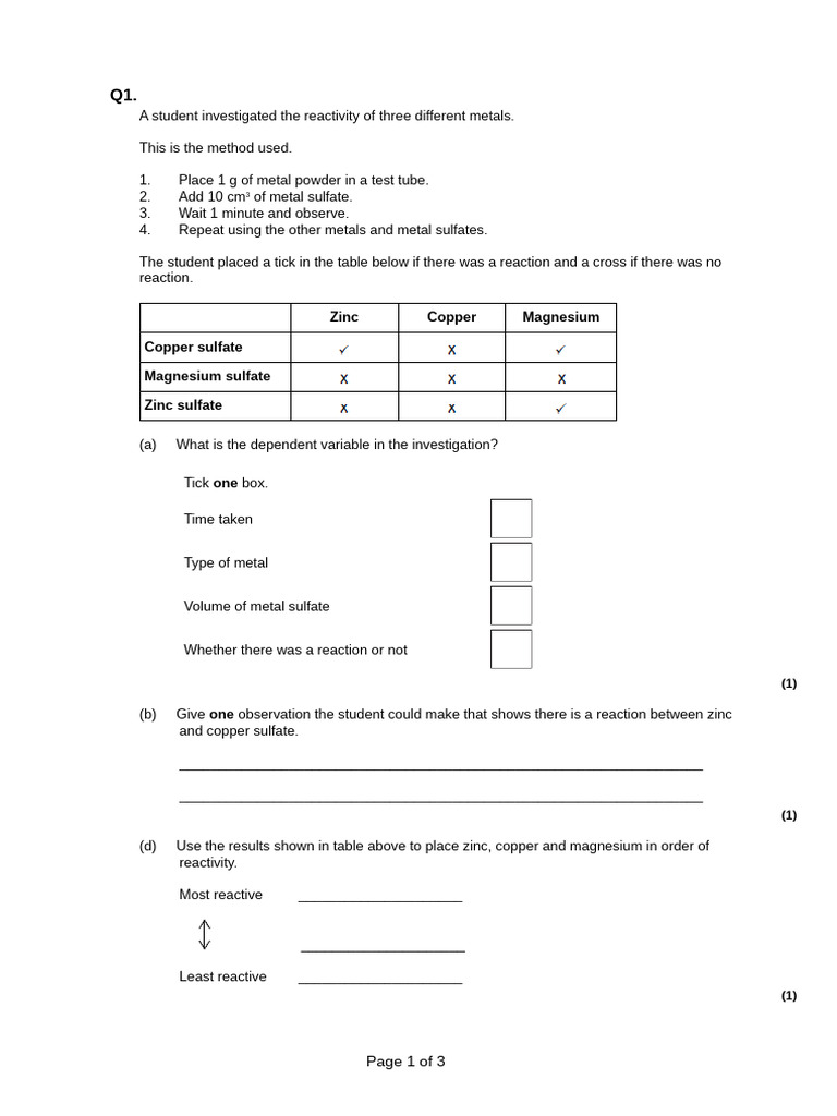 Metal Reactivity Experiment Guide | PDF | Metals | Magnesium