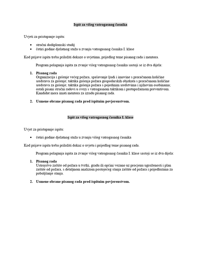 Upute Za Polaganje Ispita Za Viseg Vatrogasnog Casnika I Viseg Vatrogasnog Casnika I. Klase | PDF