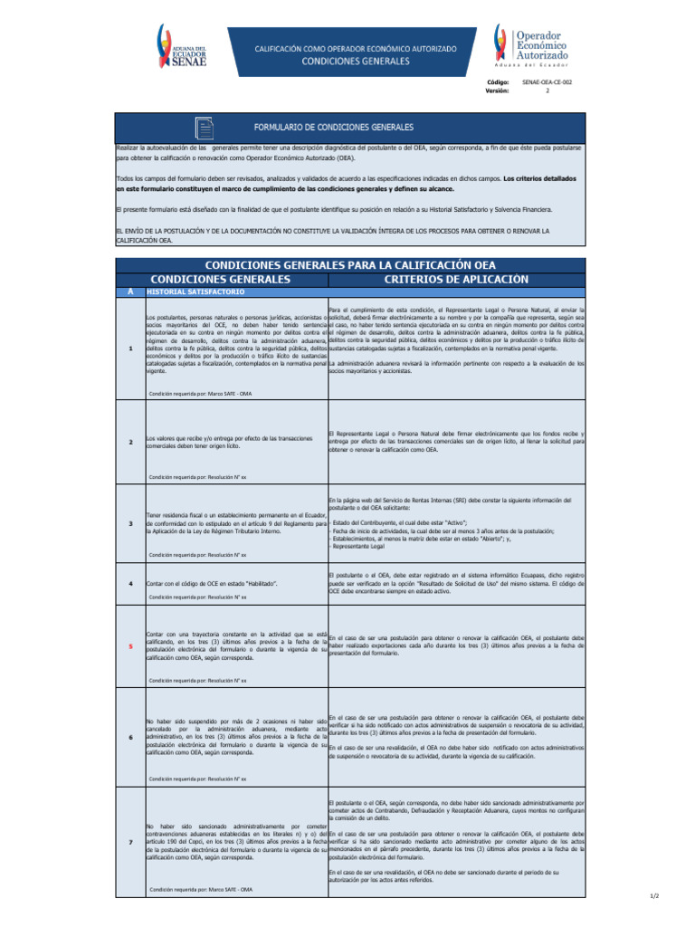 Senae Oea Ce 001 V2 | PDF | aduana | Seguro