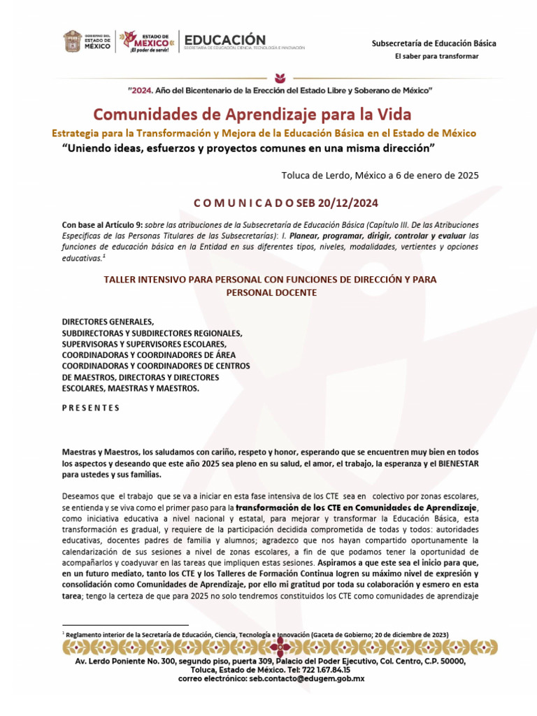 COMUNICADO TALLER INTENSIVO Firma Correccion | PDF | Maestros | Escuelas