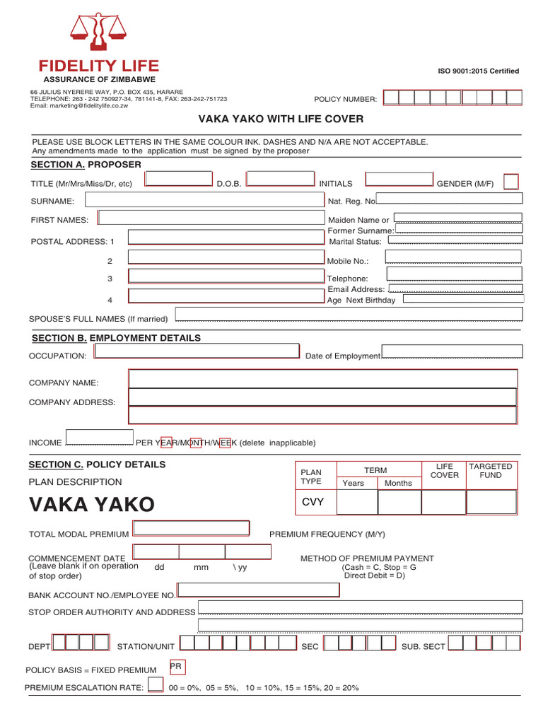 Fidelity Life Vaka Yako Proposal Form Editable Final D | PDF