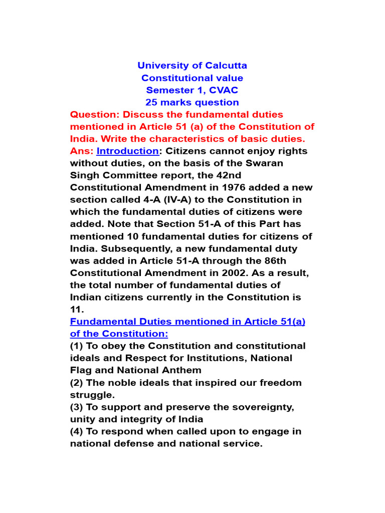 Question - Discuss The Fundamental Duties Mentioned in Article 51 (A ...