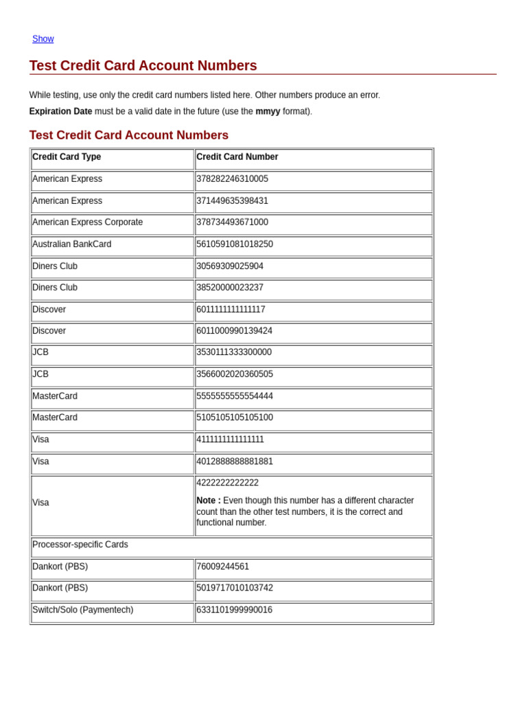 Test Credit Card Account Numbers | PDF