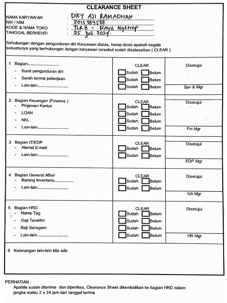 Clearance Sheet | PDF