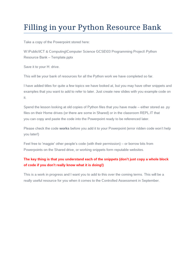 Filling in Your Python Resource Bank | PDF