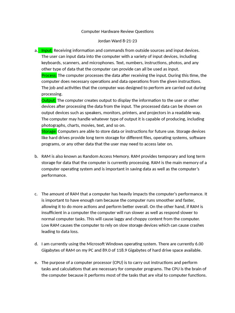 Computer Hardware Review Questions | PDF | Input/Output | Computer Data Storage