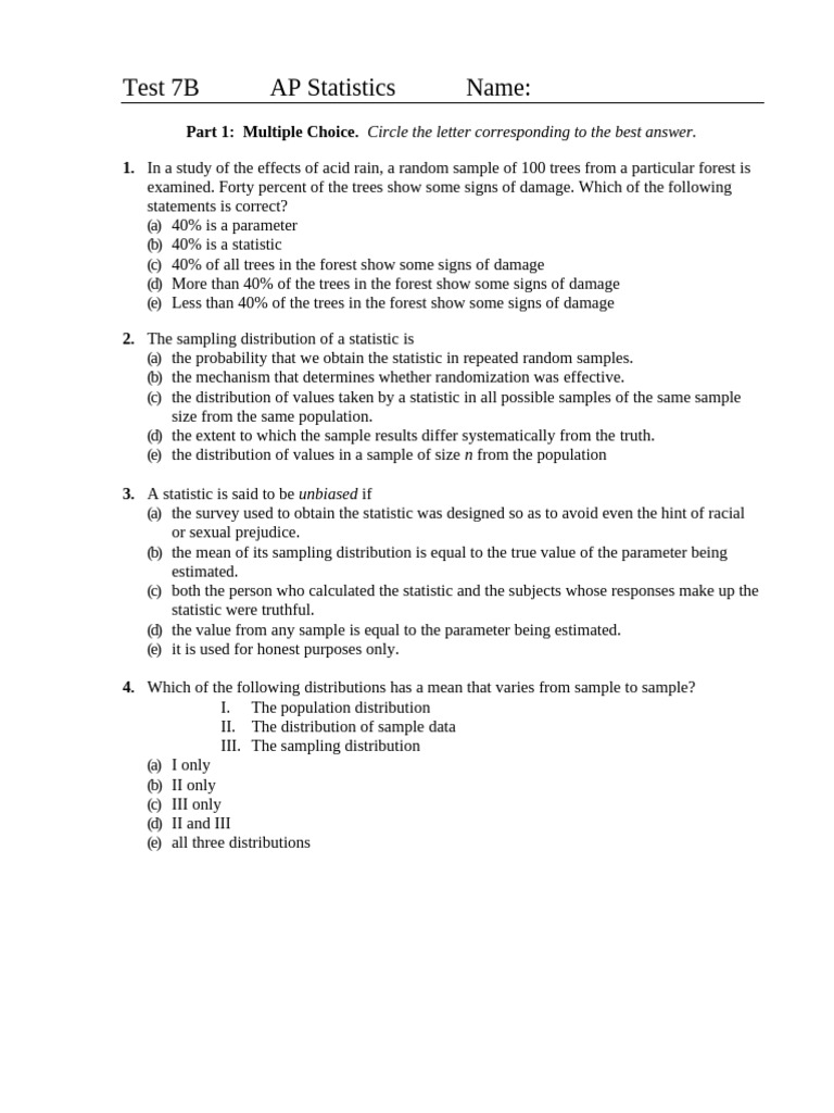 AP Statistics Test 7B Questions | PDF | Statistic | Statistical Theory