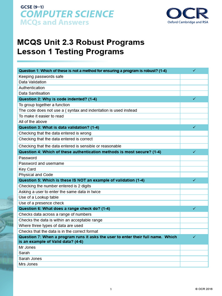GCSE Computer Science MCQs on Robustness | PDF | Password | Multiple Choice