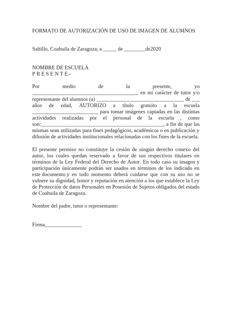 Formato de Autorización de Uso de Imagen de Alumnos | PDF