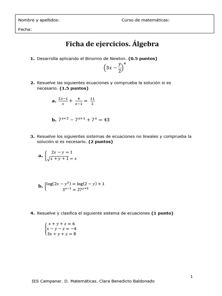Ficha de Ejercicios. Algebra | PDF