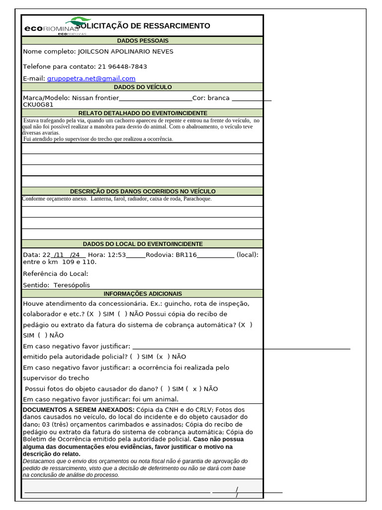 Solicitação de Ressarcimento de Danos | PDF