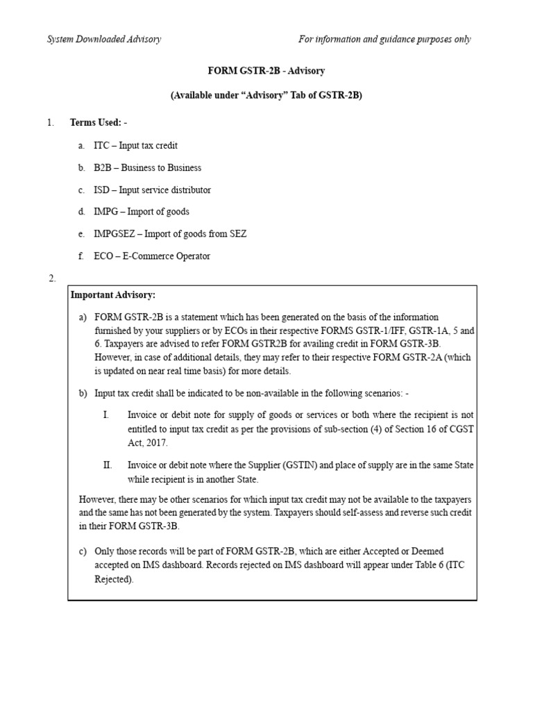 GSTR-2B_Advisory | PDF | Invoice | Debits And Credits