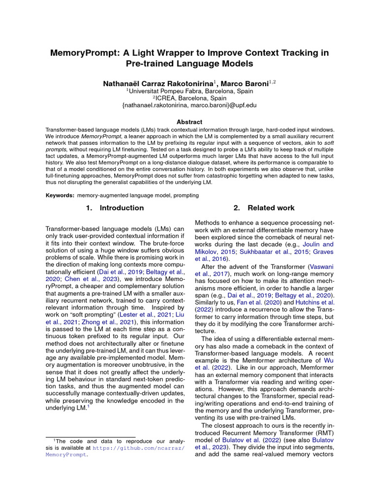 MemoryPrompt A Light Wrapper To Improve Context Tracking in | PDF ...