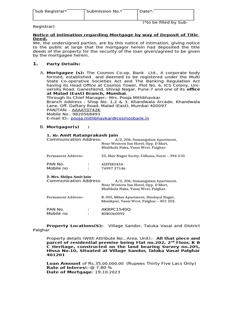 Amit Jain - Notice of Intimation Under Sec. 89 (B) | PDF | Mortgage Law ...