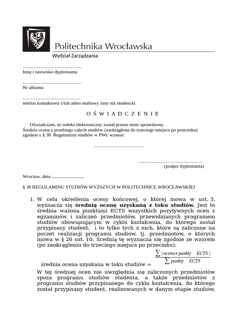 Oswiadczenie o Sredniej Ocen | PDF