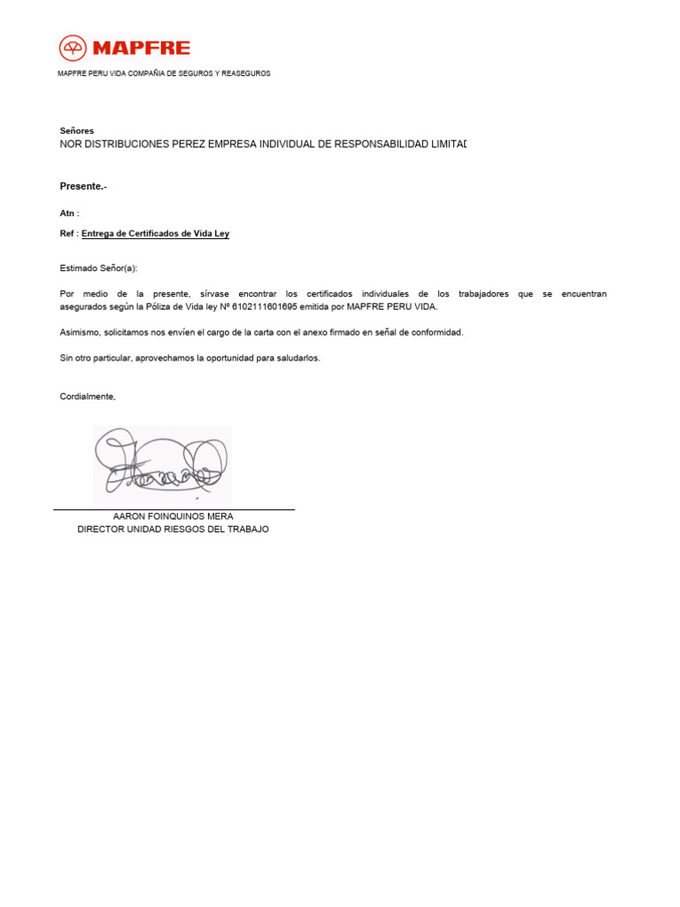 Certificados Vida Ley MAPFRE Perú | PDF
