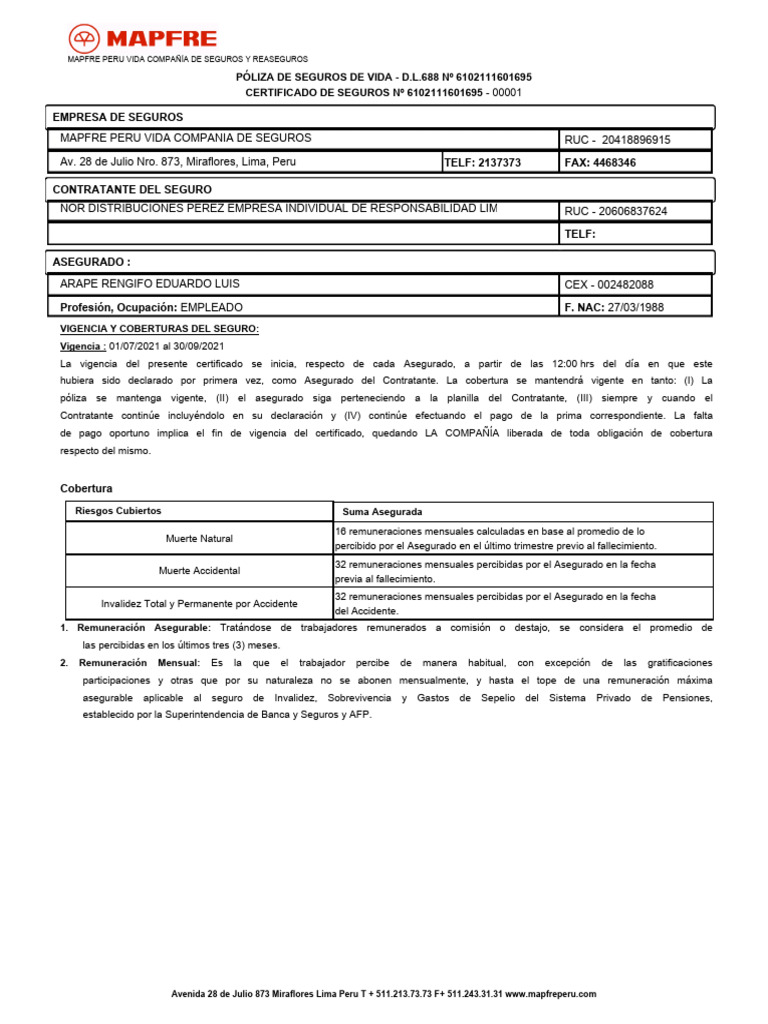 Póliza de Seguro de Vida MAPFRE Perú | PDF | Póliza de seguros | Seguro