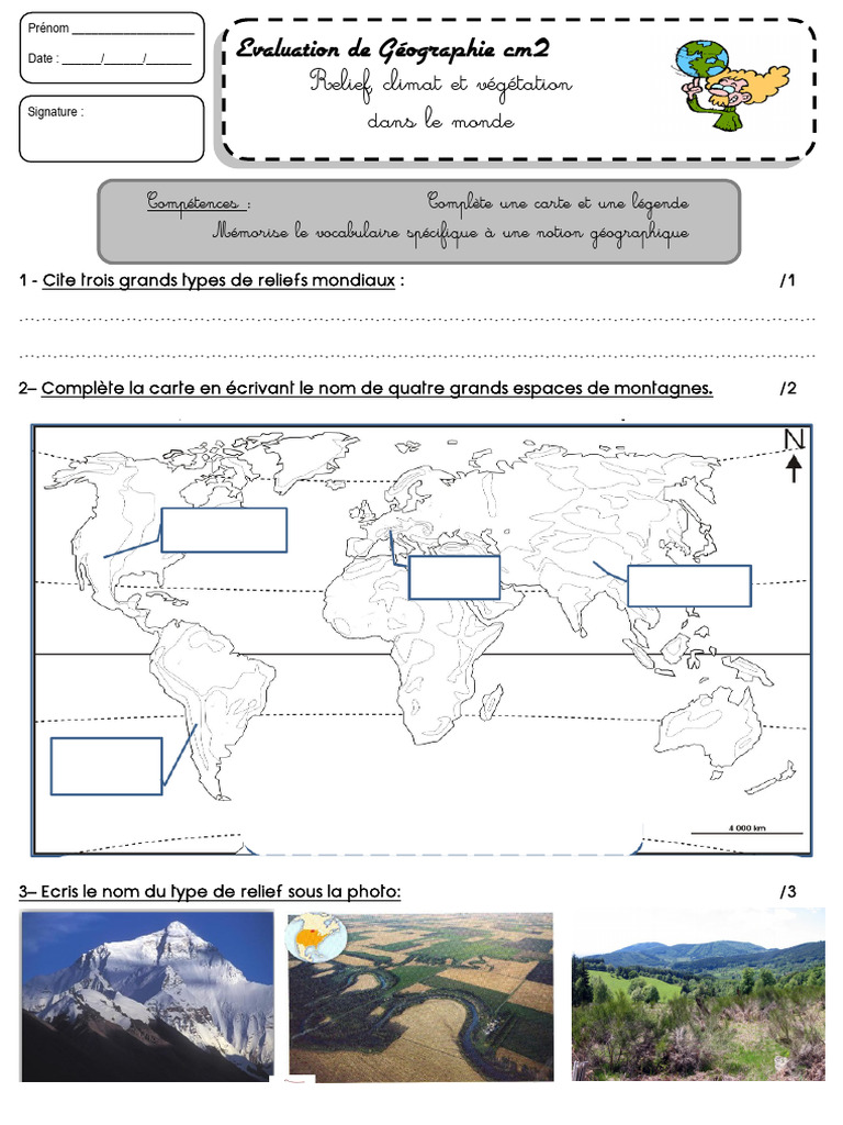 Évaluation Géographie CM2 : Relief et Climat | PDF | Climat | Sciences ...