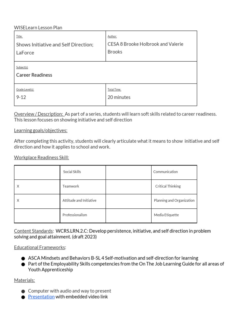 Initiative and Self-Direction Lesson Plan | PDF | Learning | Cognitive ...