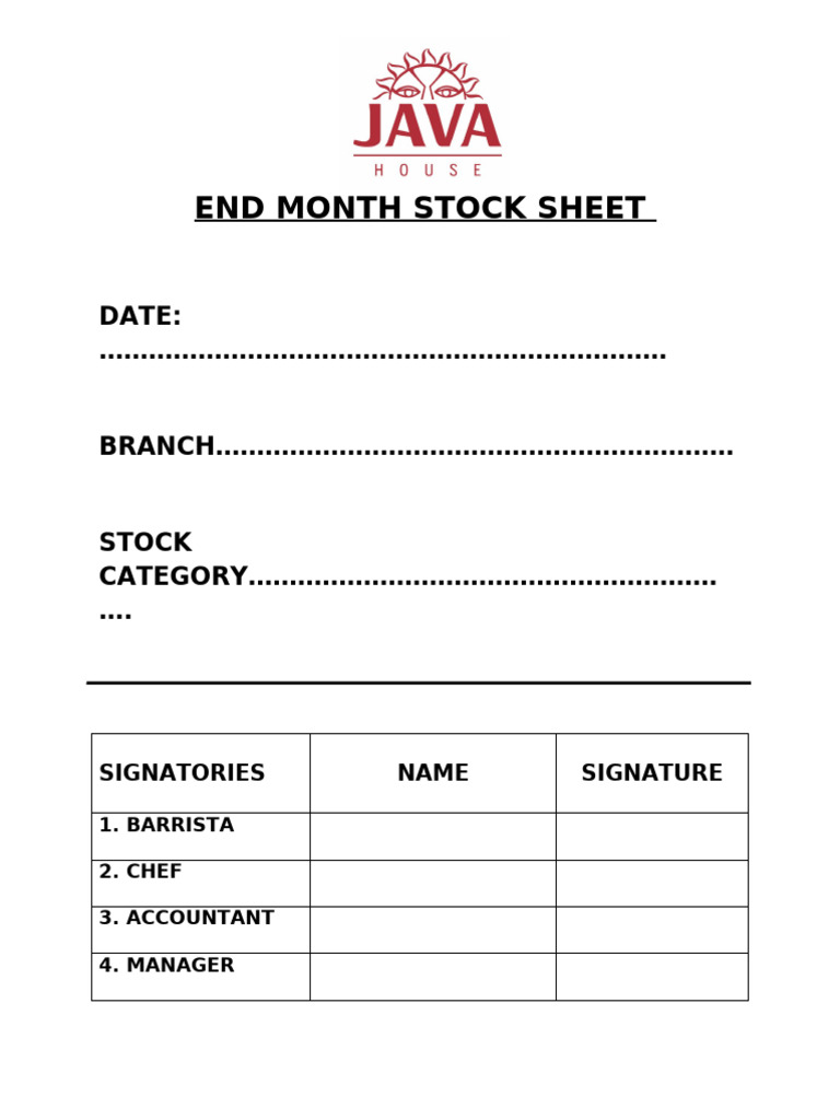 End Month Stock Sheet Cover Page | PDF