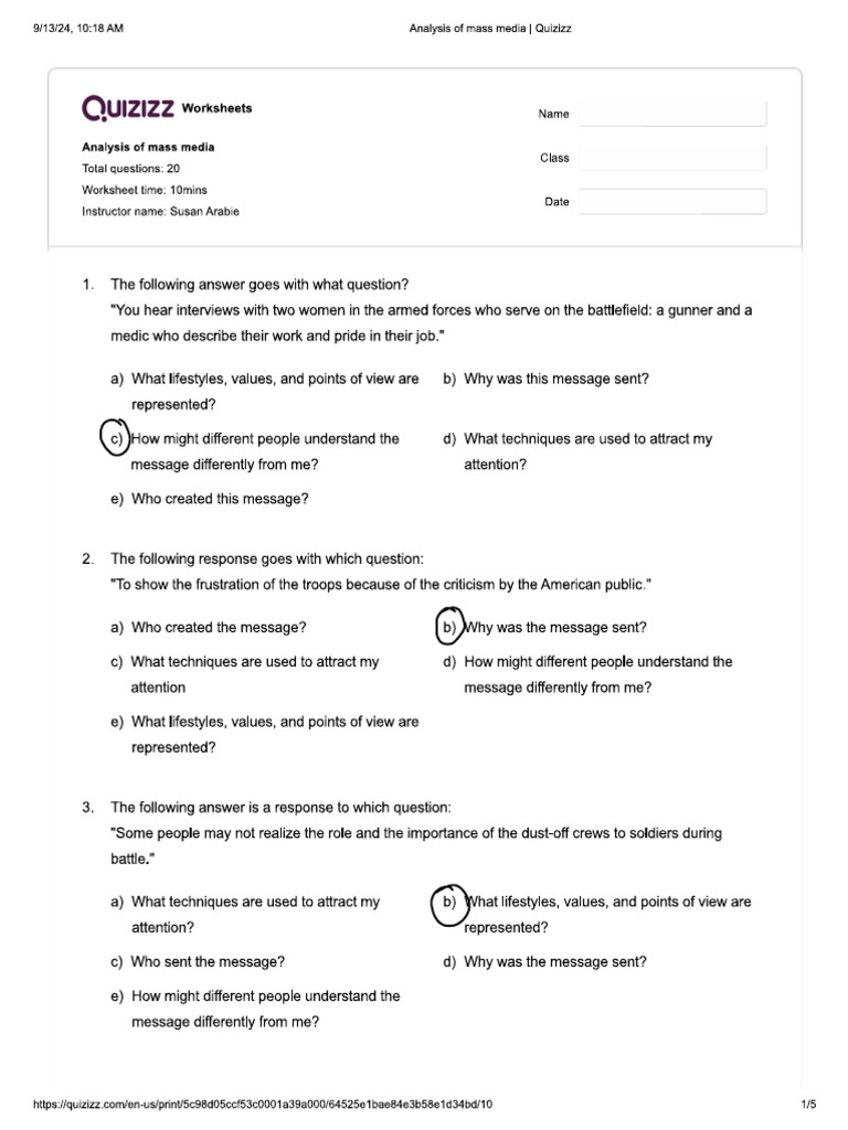 Mass Media Worksheet | PDF