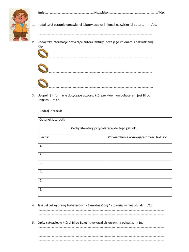 Hobbit - Sprawdzian | PDF