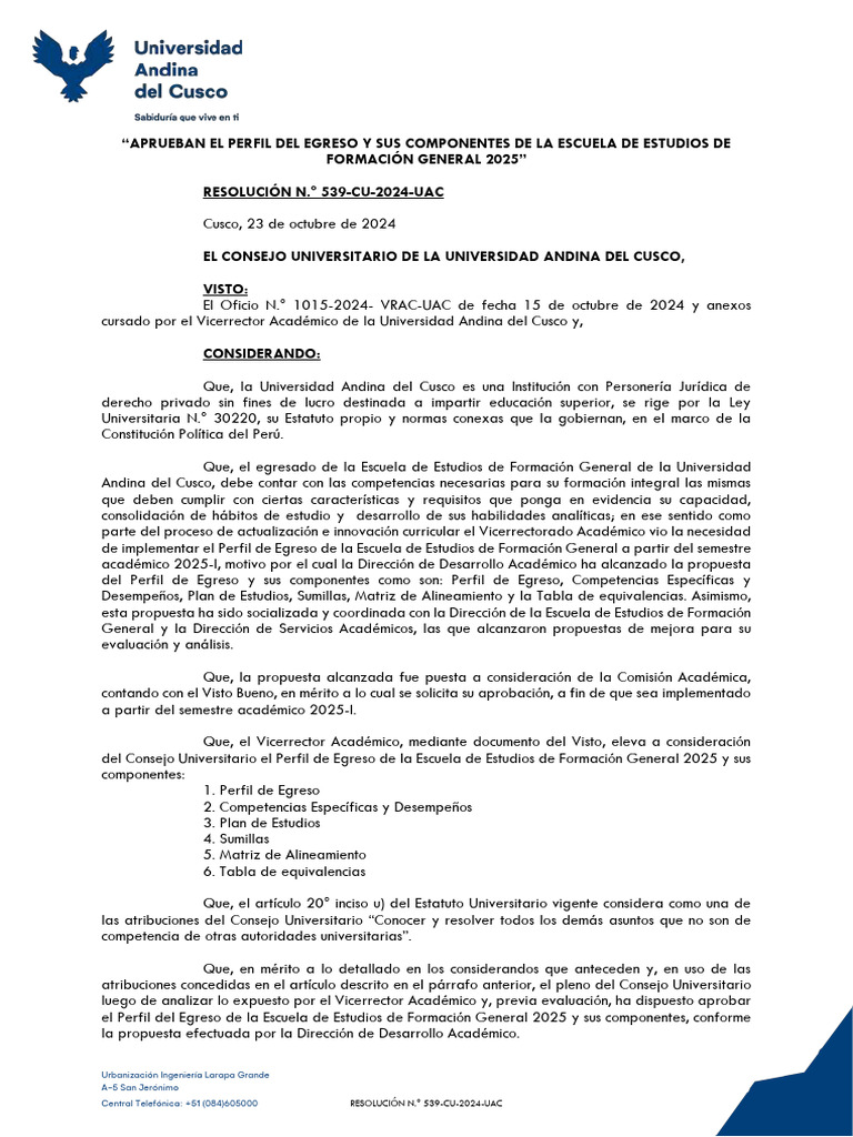 CU-539 2024-UAC “APRUEBAN EL PERFIL DEL EGRESO DE LA ESCUELA DE ...