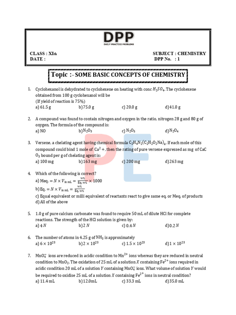 Mole Concept DPP 1 | PDF | Mole (Unit) | Atoms