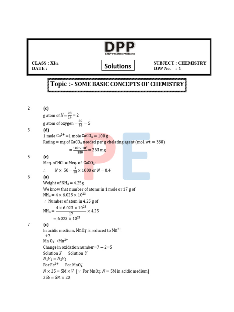 Mole Concept DPP 1 SOLUTION | PDF | Manganese | Mole (Unit)