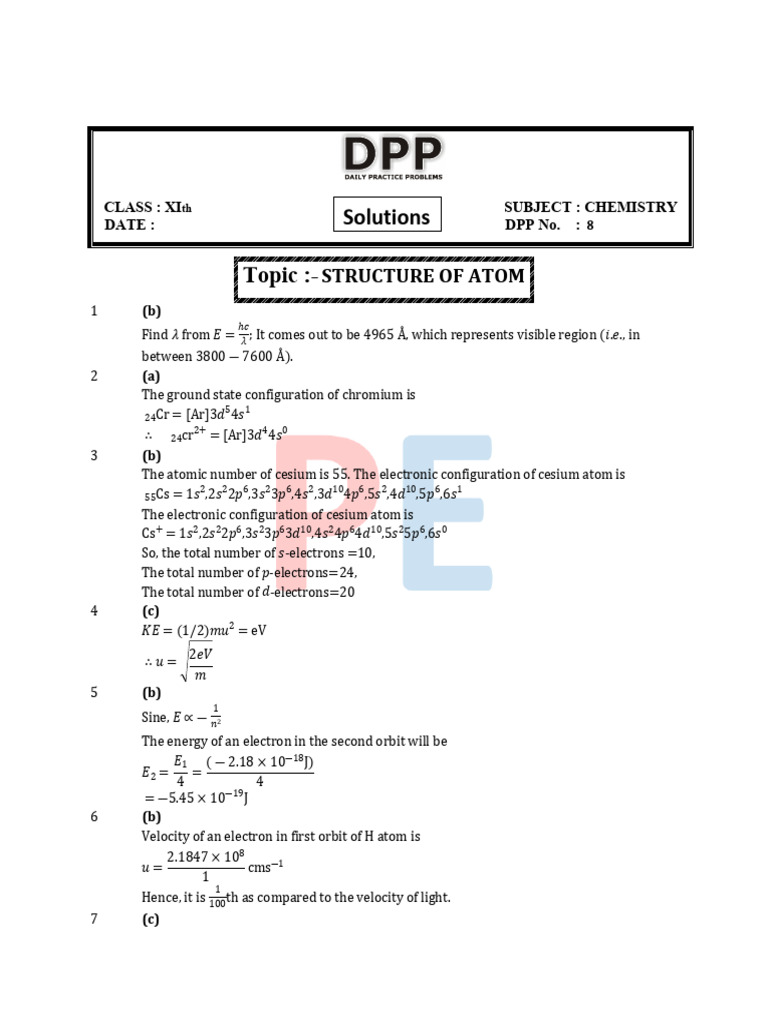 Structure of Atom DPP 8 SOLUTION | PDF | Electron | Electron Configuration