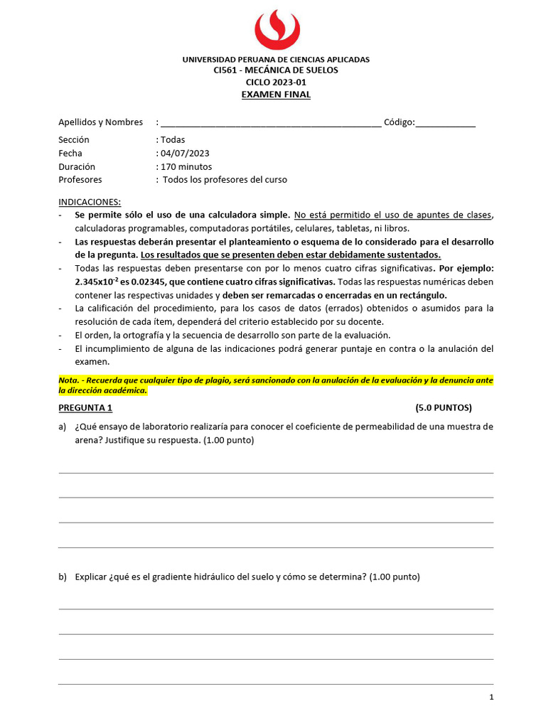 2023.01 - EXAMEN FINAL MECANICA DE SUELOS | PDF | Permeabilidad (Ciencias de la Tierra ...
