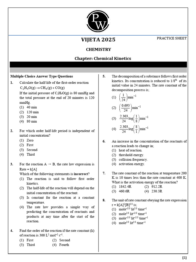Chemical Kinetics - Practice Sheet - Vijeta 2025 | PDF | Reaction Rate ...