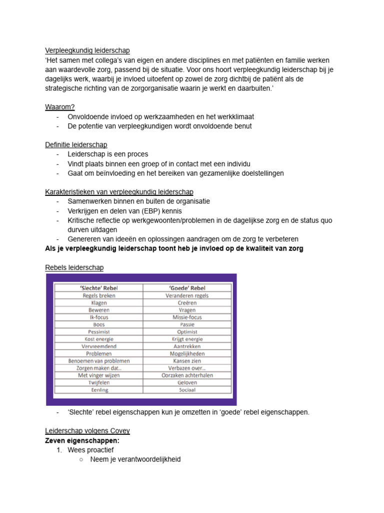Verpleegkundig Leiderschap Aantekeningen | PDF