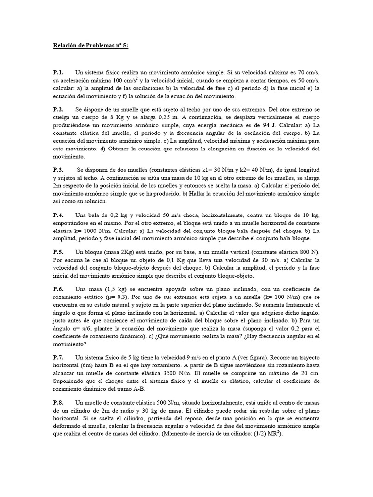 Problemas de Movimiento Armónico Simple | PDF | Oscilación | Mecanica ...