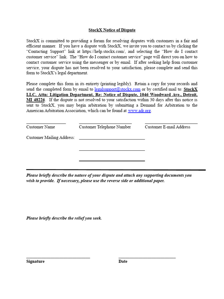 StockX Notice of Dispute | PDF