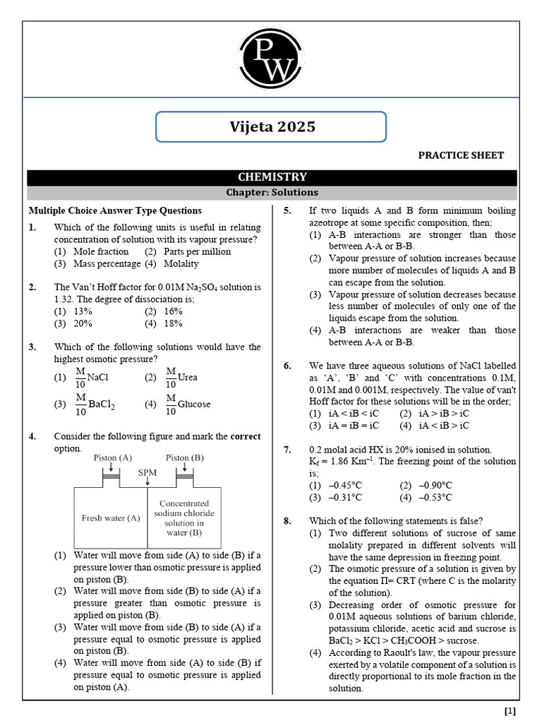 Chemistry Solutions Practice Sheet | PDF | Phases Of Matter | Chemical Substances