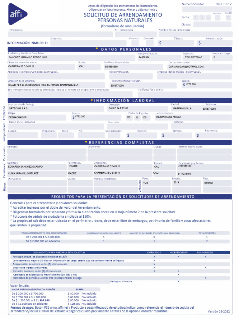 Solicitud de Arrendamiento Persona Natural 2022 Affi 1 | PDF | Business | Ley común