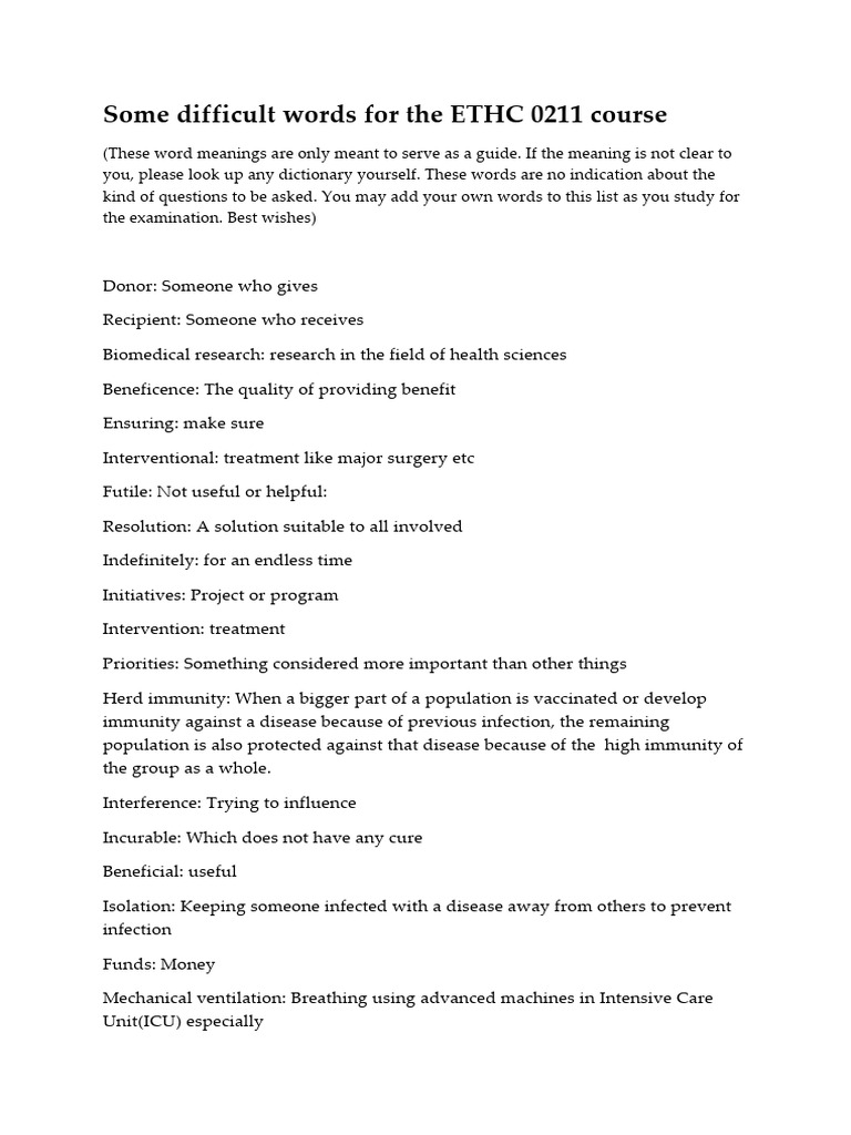Difficult Vocabulary for ETHC 0211 Exam | PDF