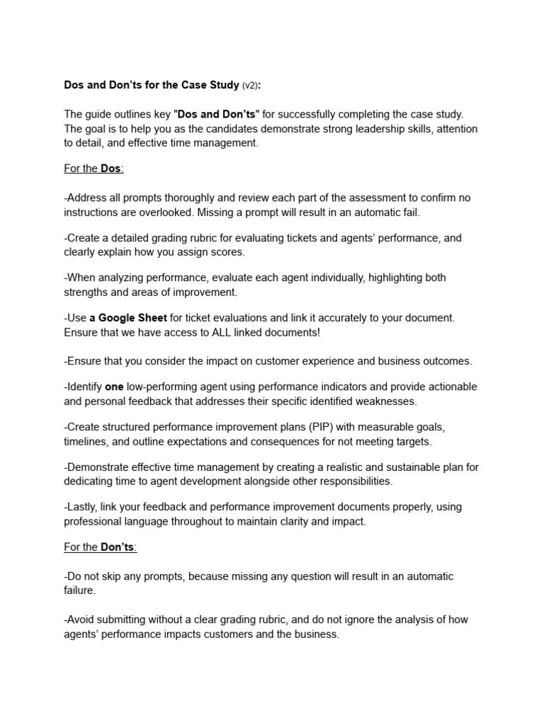 Dos and Don'ts For The Case Study (v2) | PDF | Rubric (Academic) | Business