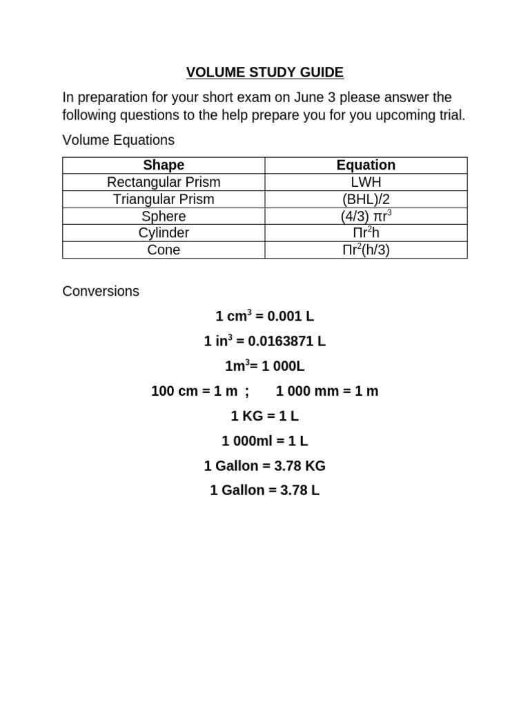 VOLUME STUDY GUIDE | PDF | Volume | Sphere