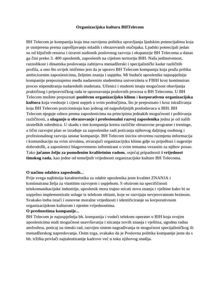 Organizacijska Kultura BHTelecom | PDF