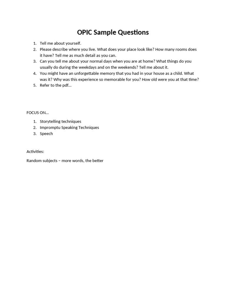 Opic Sample Questions | PDF