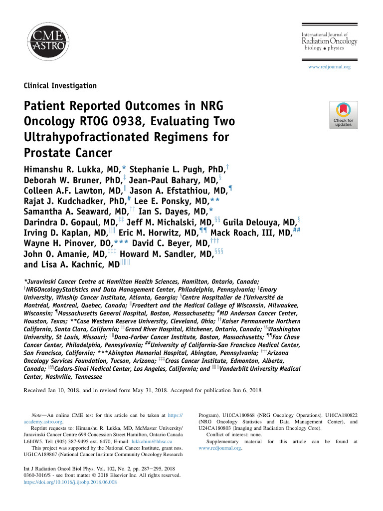 Patient Reported Outcomes in NRG Oncology RTOG 0938, Evaluating Two Ultrahypofractionated ...
