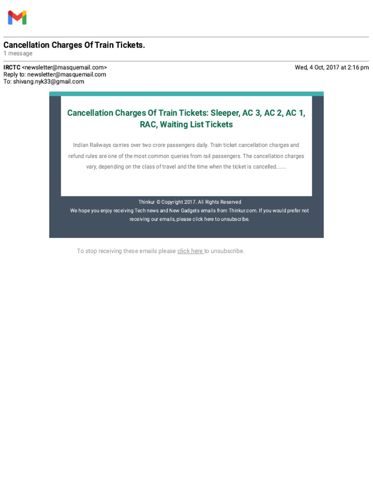Gmail - Cancellation Charges of Train Tic | PDF