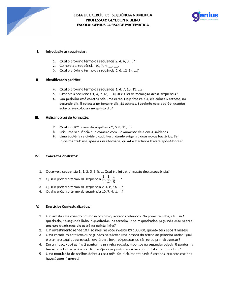 Lista de Exercícios - Sequência Numérica | PDF